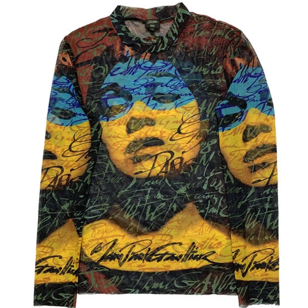 Jean Paul Gaultier 90s Vintage Mesh Script Face Top - Gem